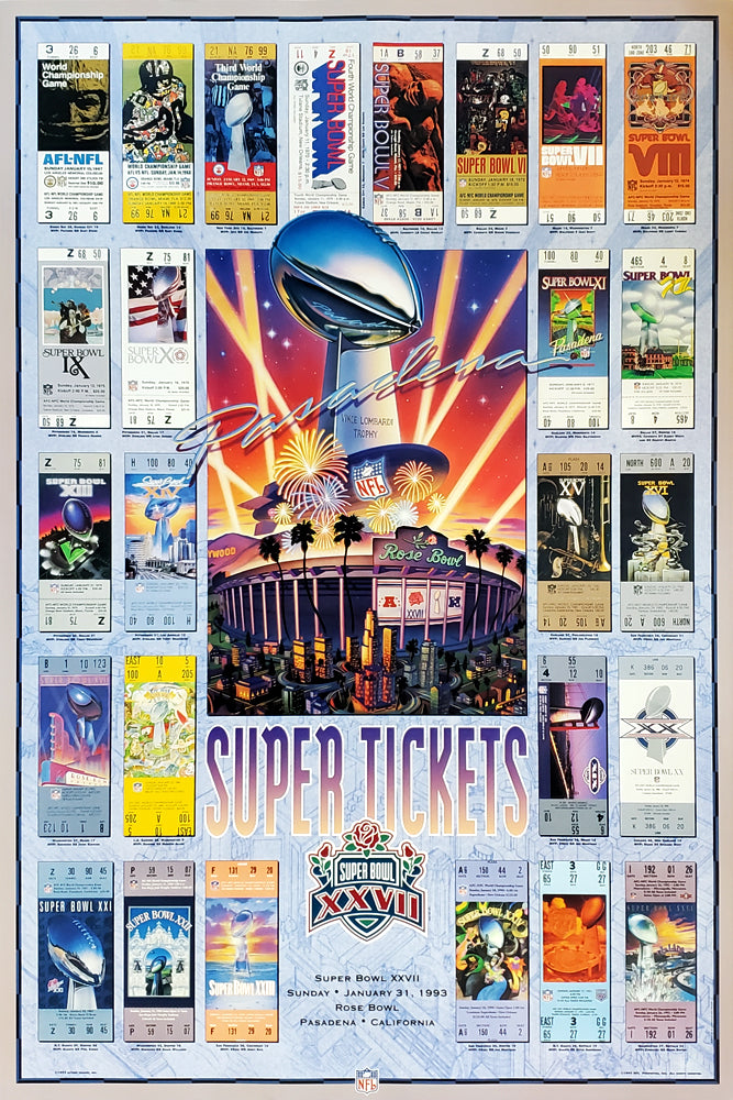 Super Bowl XXVII (1993) "Super Tickets" NFL Championship History Poste – Sports Poster Warehouse