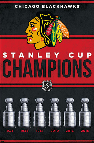 Chicago Blackhawks 6-Time NHL Stanley Cup Champions 22x34 Wall Poster ...