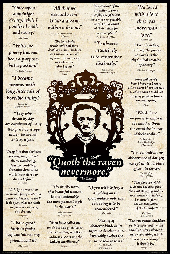Edgar Allan Poe "Quoth The Raven" (22 Famous Quotes) Poster - Aquarius ...