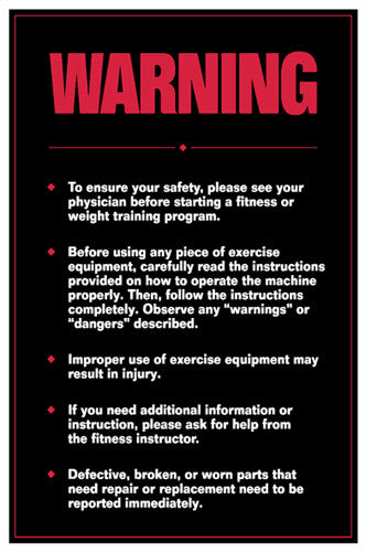 Fitness Center Safety "Warning" Professional Workout Wall Chart Poster ...