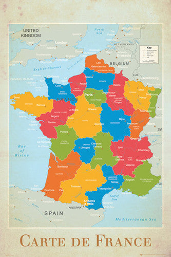 Map of France Wall Chart Poster (Regions, Capitals, Cities, Rivers, etc ...